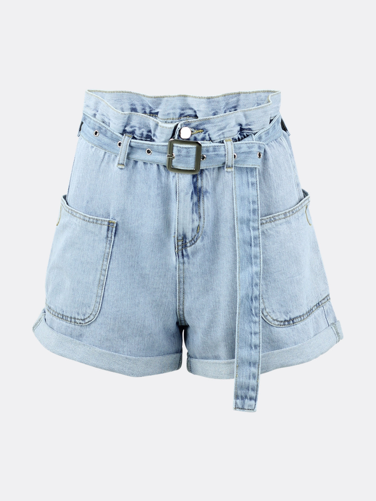 High Waist Denim Shorts with Matching Belt and Pocket Details Blue ...